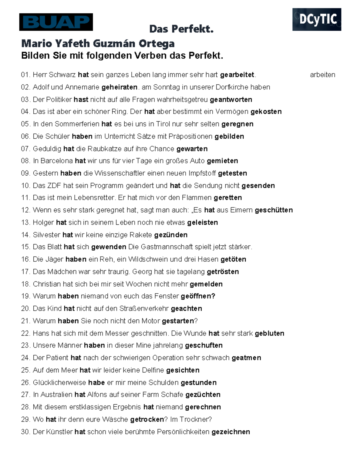 Bilden Sie mit folgenden Verben das Perfekt - Das Perfekt. Mario Yafeth ...