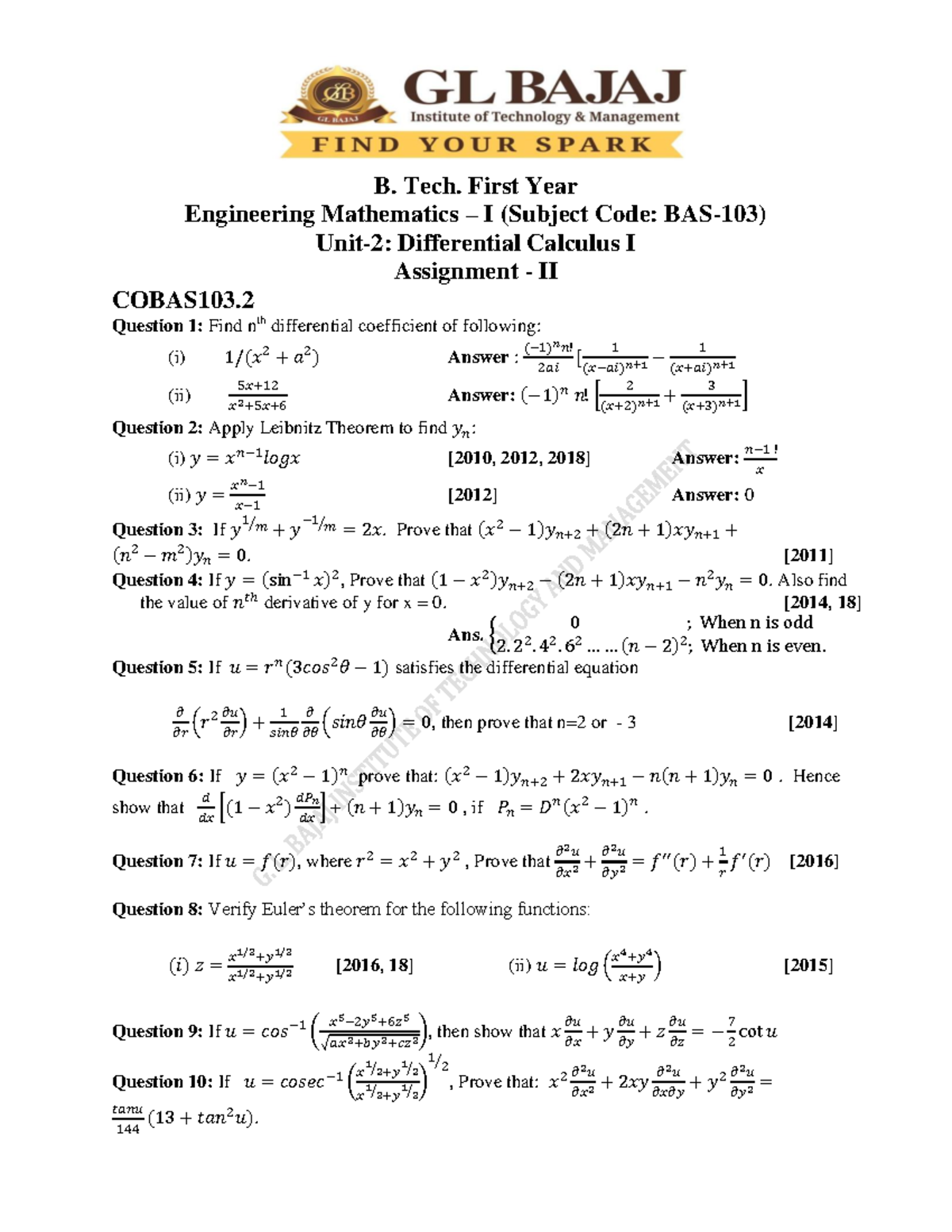 Assingment and Tutorial (Unit II) Differential Calculus I 2022 23 - B. Tech. First Year ...