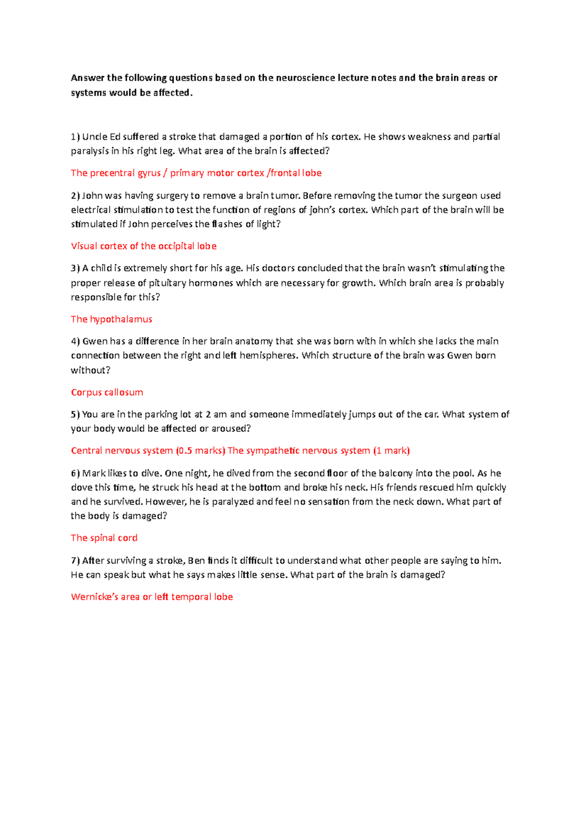 Brain game - neuroscience - Answer the following questions based on the ...