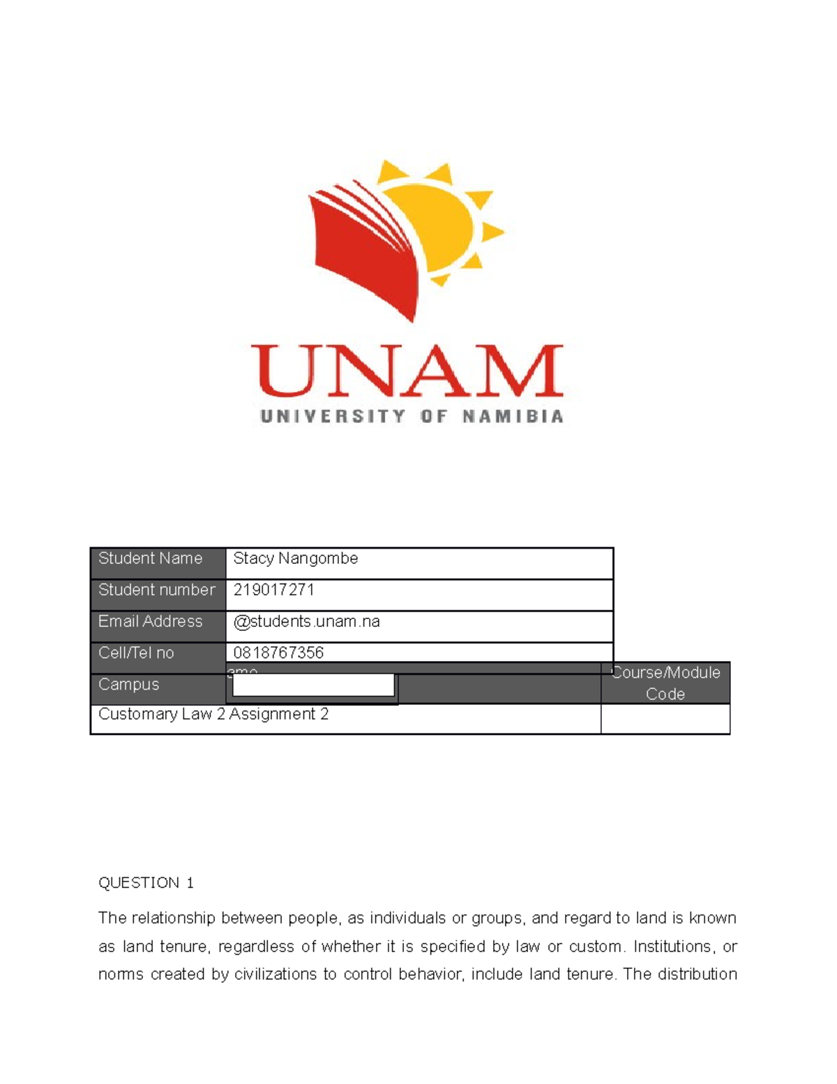 Customary law 2 assignment 2 - Course/Module Name Course/Module Code ...
