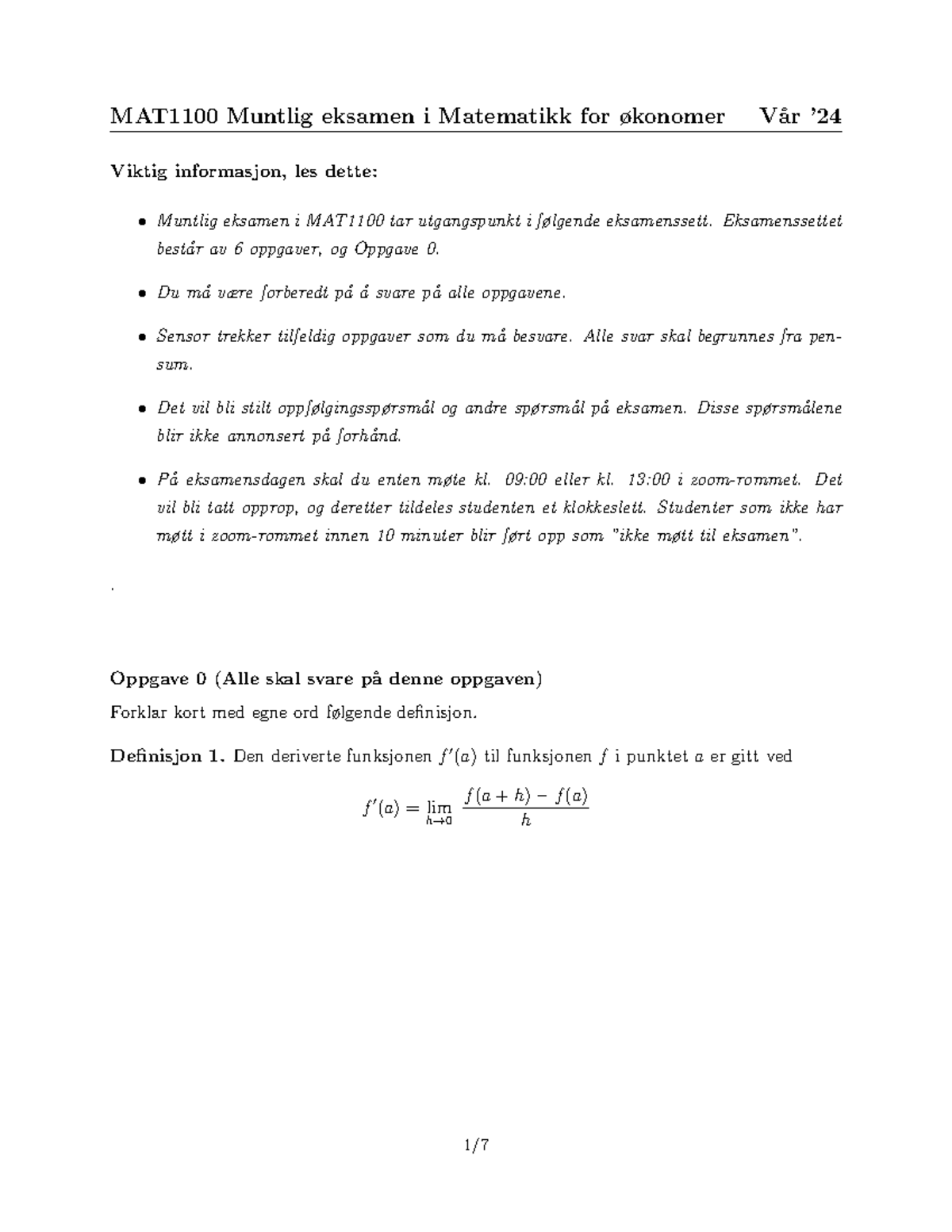 MAT1100 muntlig eksamen 2024 vår v3 - Viktig informasjon, les dette ...