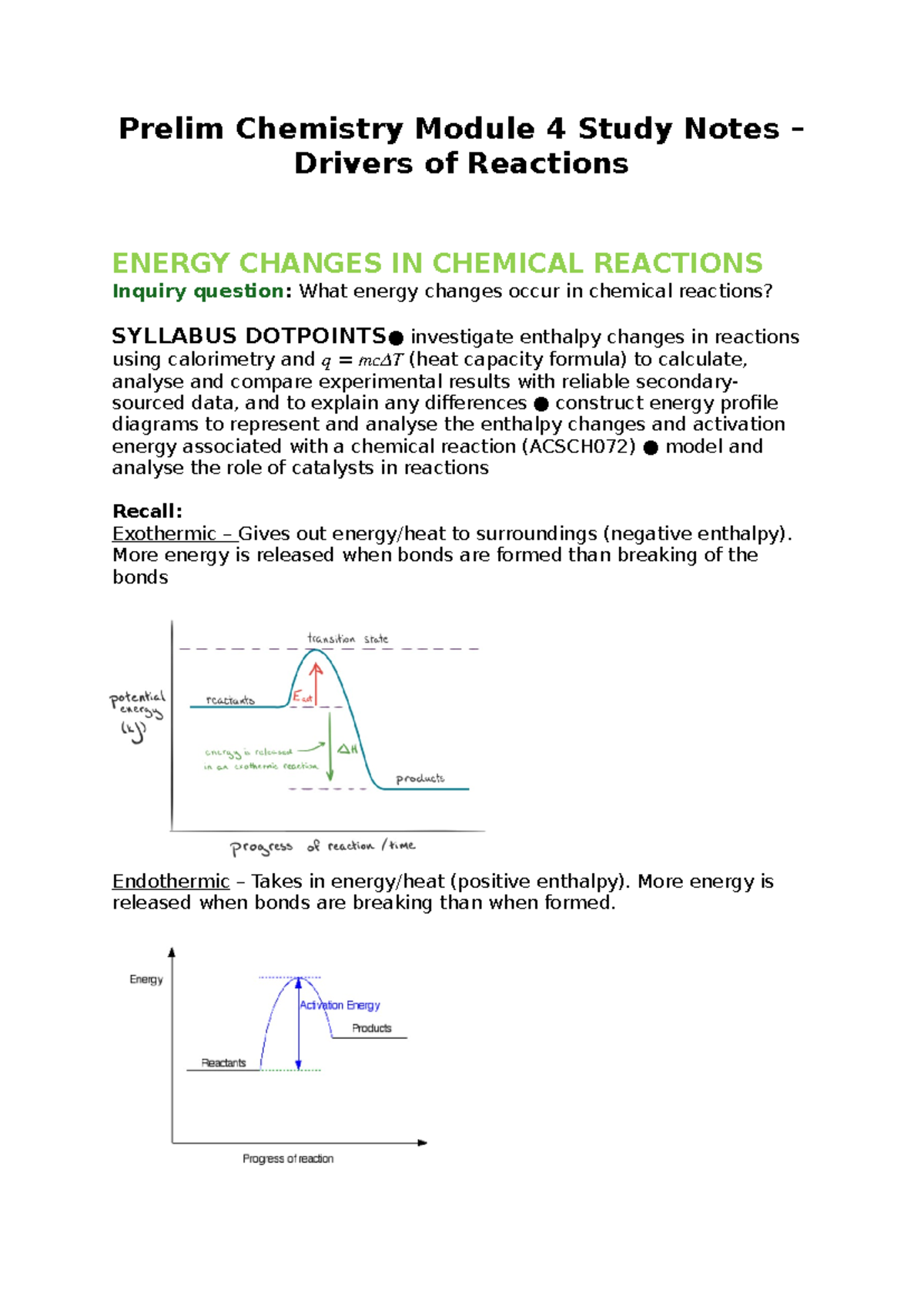 Prelim Chemistry Module 4 Study Notes - More energy is released when ...