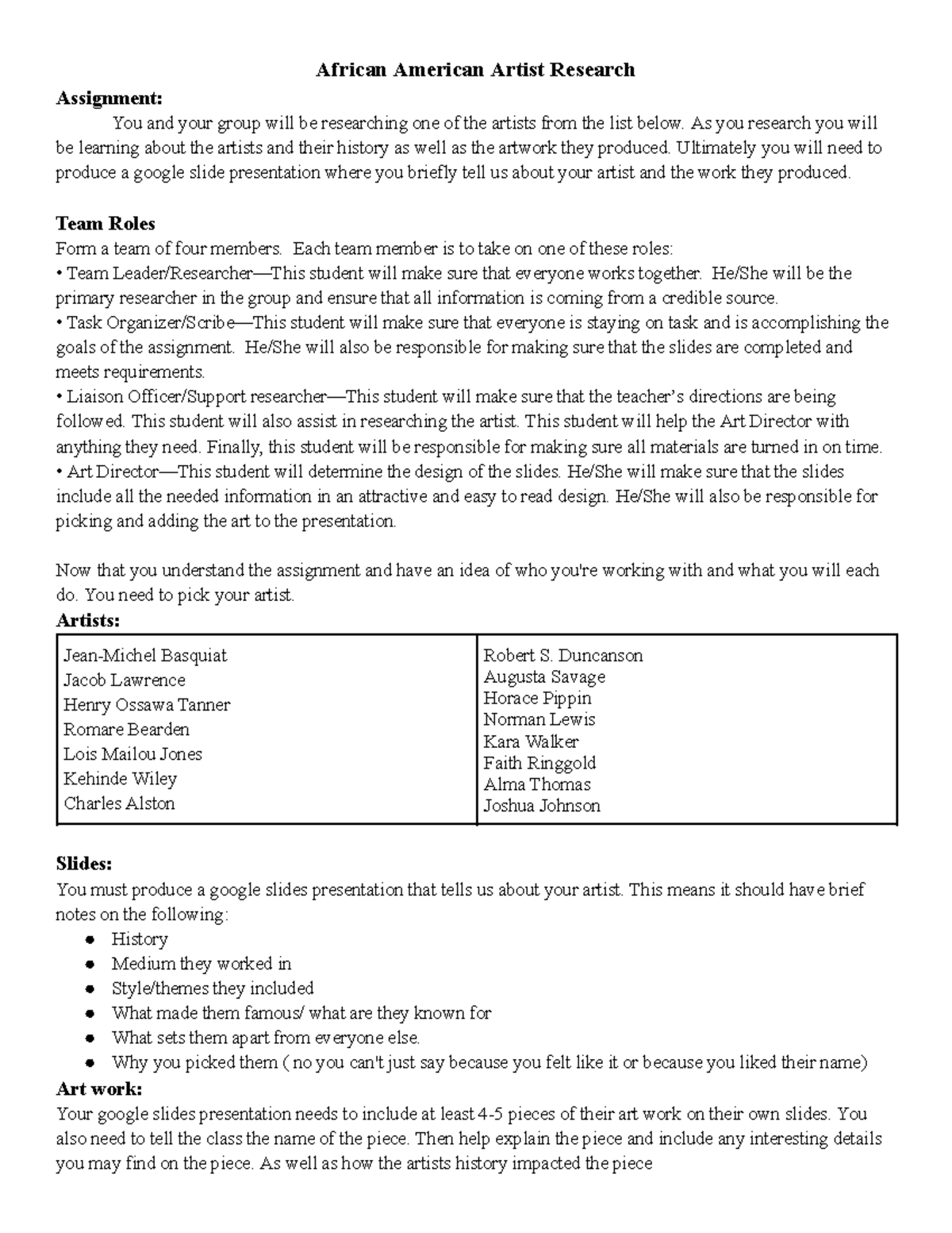 African American Artist Research - African American Artist Research ...