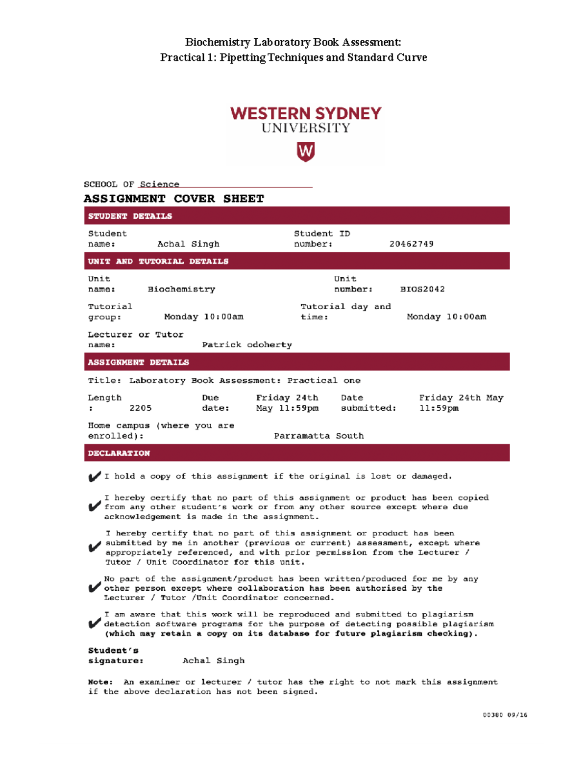 Laboratory Book Assessment Practical one - Practical 1: Pipetting Techniques and Standard Curve ...