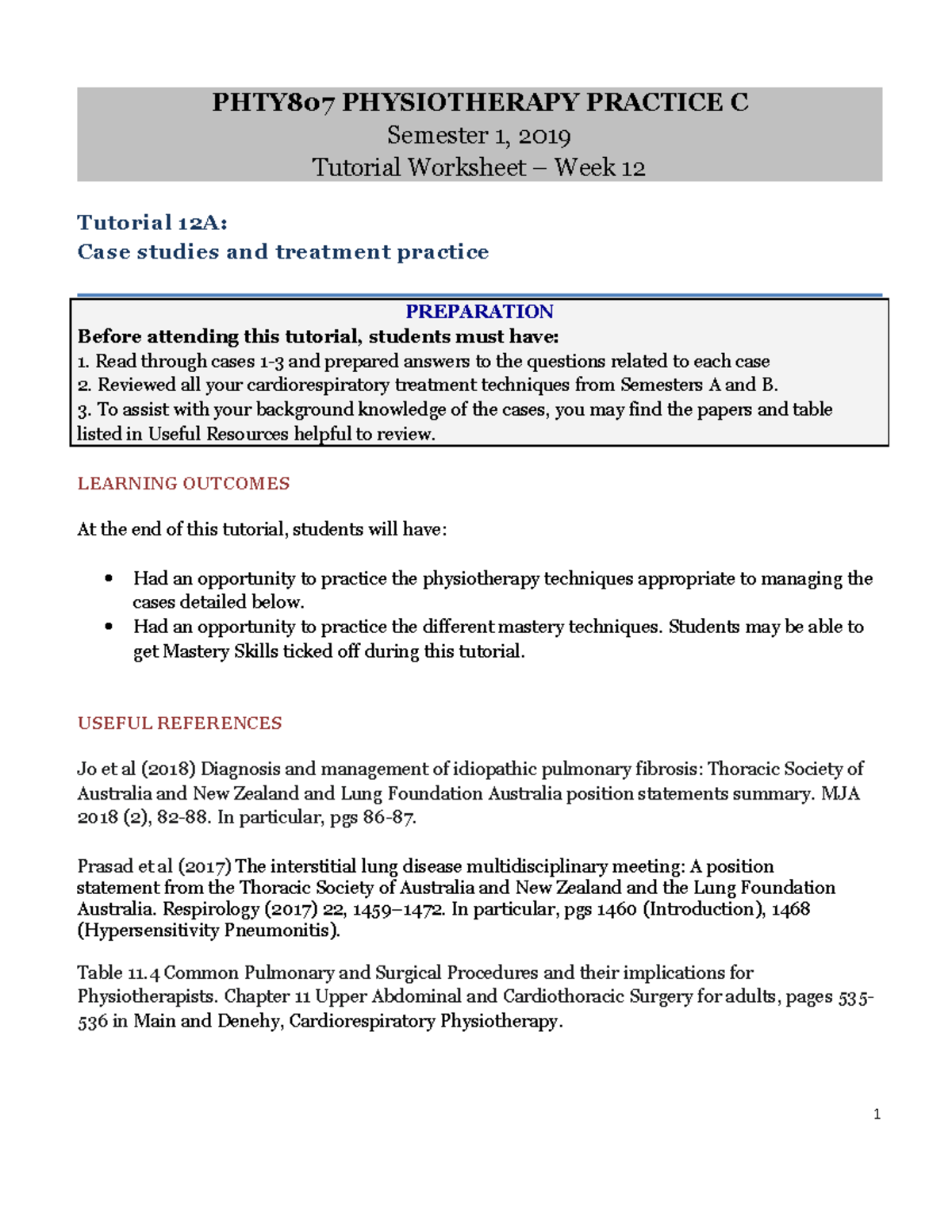 Tutorial A - PHTY807 PHYSIOTHERAPY PRACTICE C Semester 1, 2019 Tutorial Worksheet – Week 12 ...