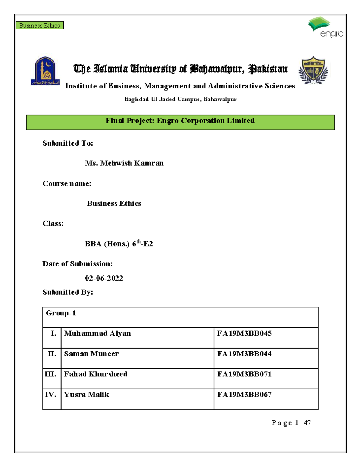 Final project of Business Ethics - The Islamia University of Bahawalpur ...