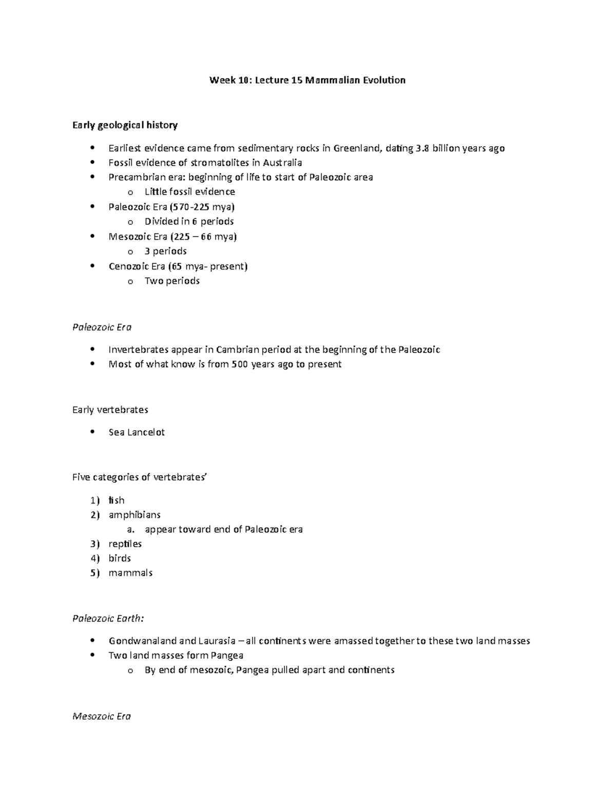 ANTH 225 Week 10 - Lecture notes 2 - Week 10: Lecture 15 Mammalian ...