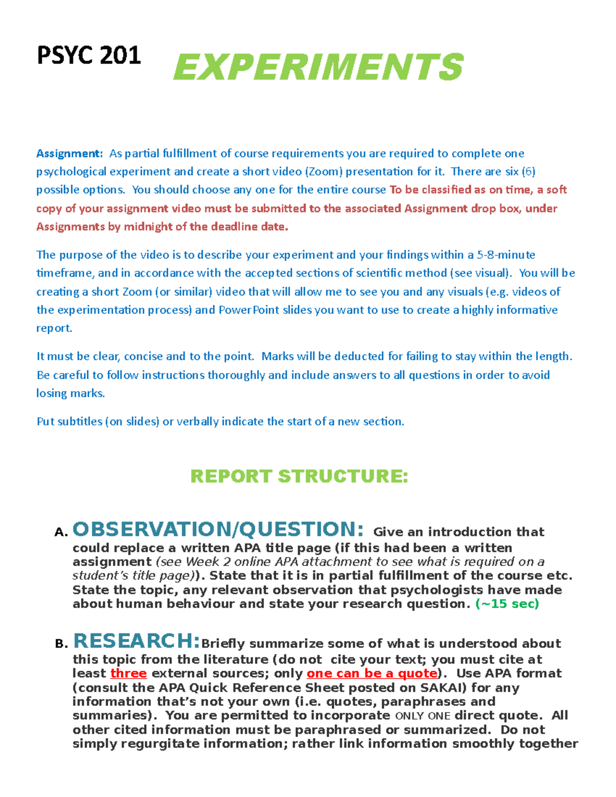 Experiment+Guidelines - PSYC 201 Assignment: As partial fulfillment of course requirements you ...