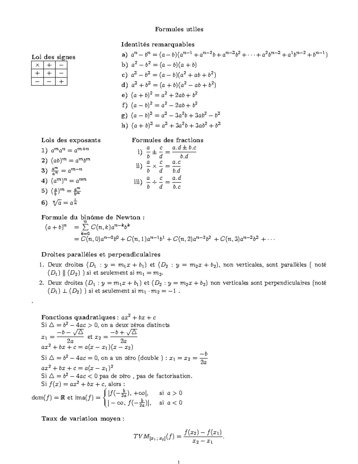 Formule utiles - MAT 1739 FILS FOTSO - Formules utiles Loi des signes × ...