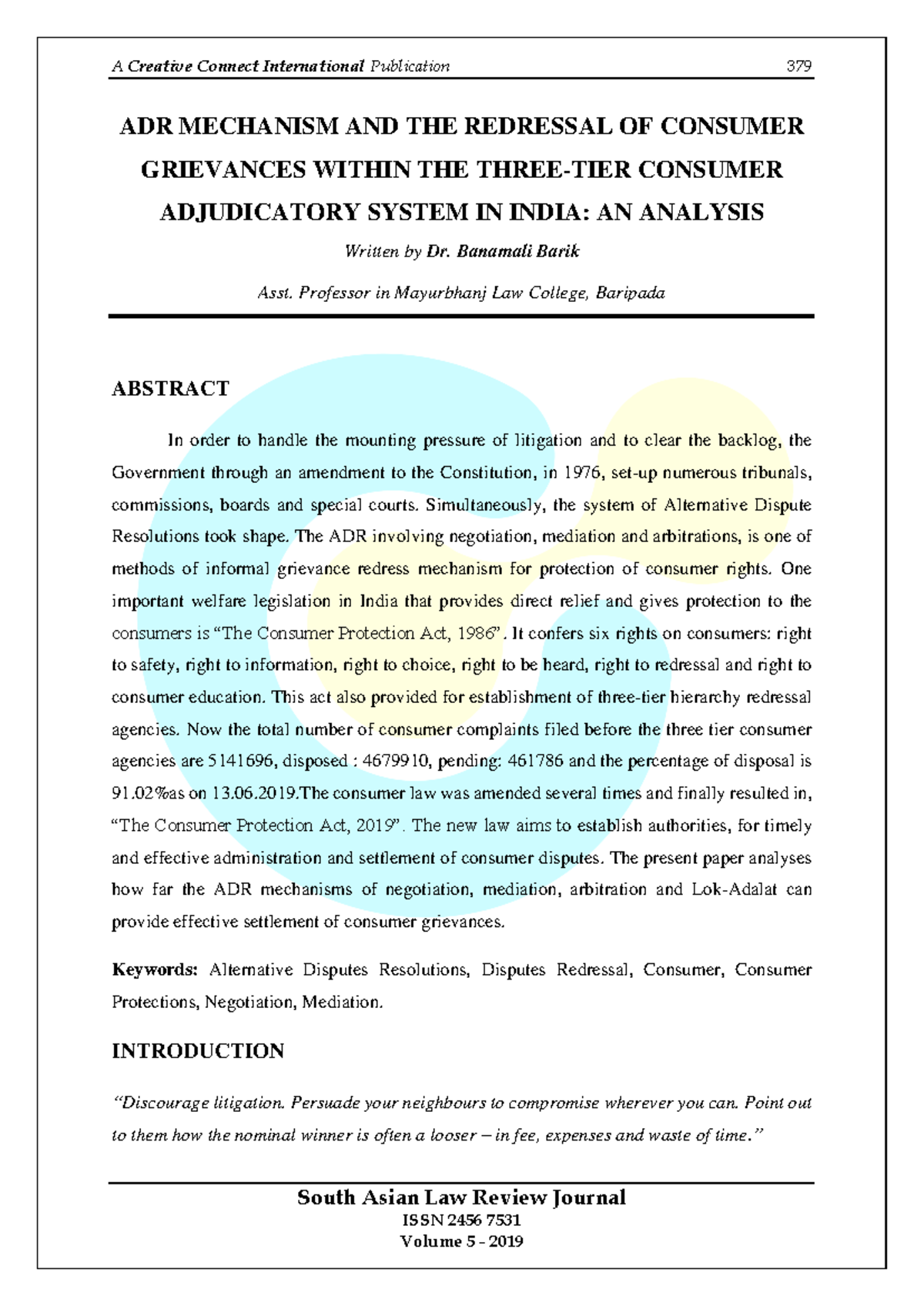 ADR IN Consumer Disputes - South Asian Law Review Journal ISSN 2456 ...