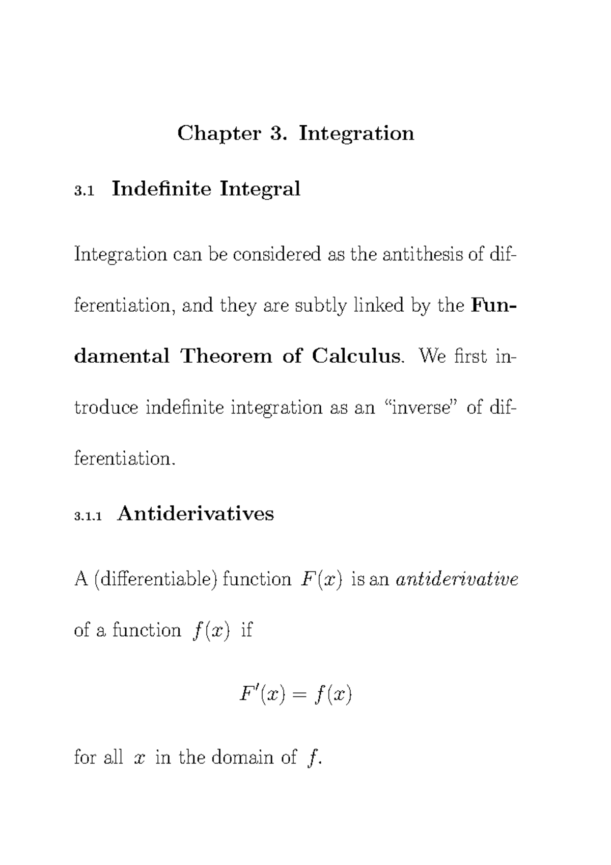 Chapter 3 - Lecture notes 3 - Chapter 3. Integration 3 Indefinite ...