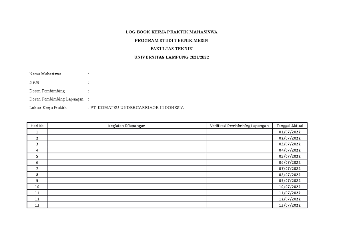 Logbook KP - LOG BOOK KERJA PRAKTIK MAHASISWA PROGRAM STUDI TEKNIK ...
