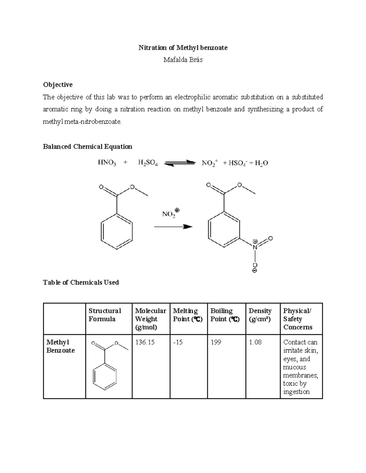 Unit 9 lab - Nitration of Methyl benzoate Mafalda Brás Objective The ...