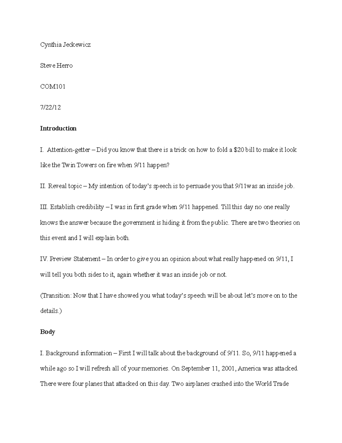 Question of fact - Detailed outline for speech - Cynthia Jeckewicz ...