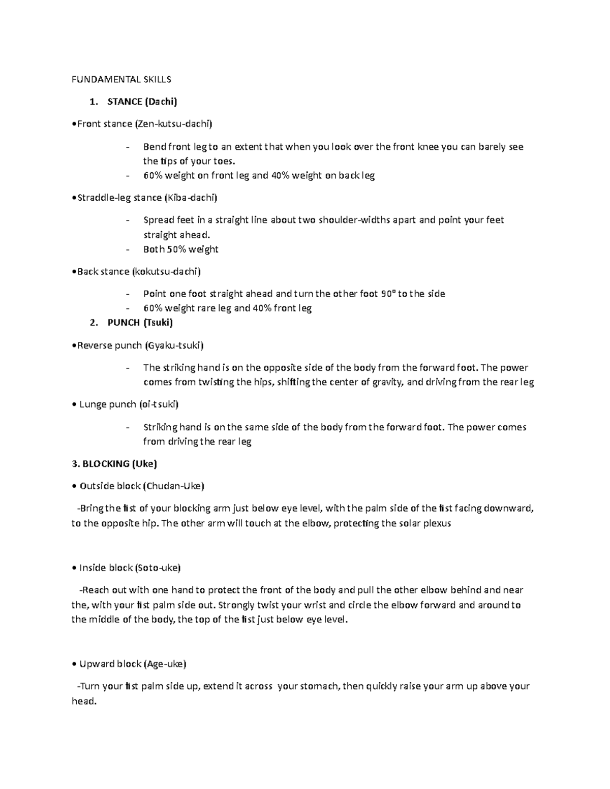 Martial Arts - Lecture notes 1 - FUNDAMENTAL SKILLS 1. STANCE (Dachi ...