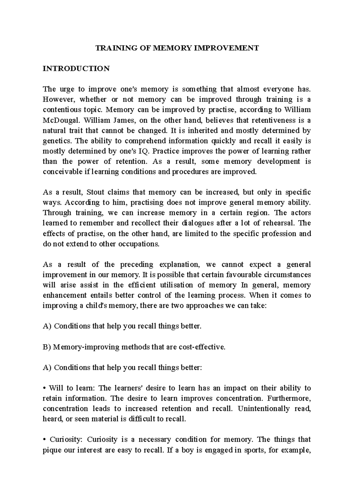 Training OF Memory Improvement - TRAINING OF MEMORY IMPROVEMENT ...