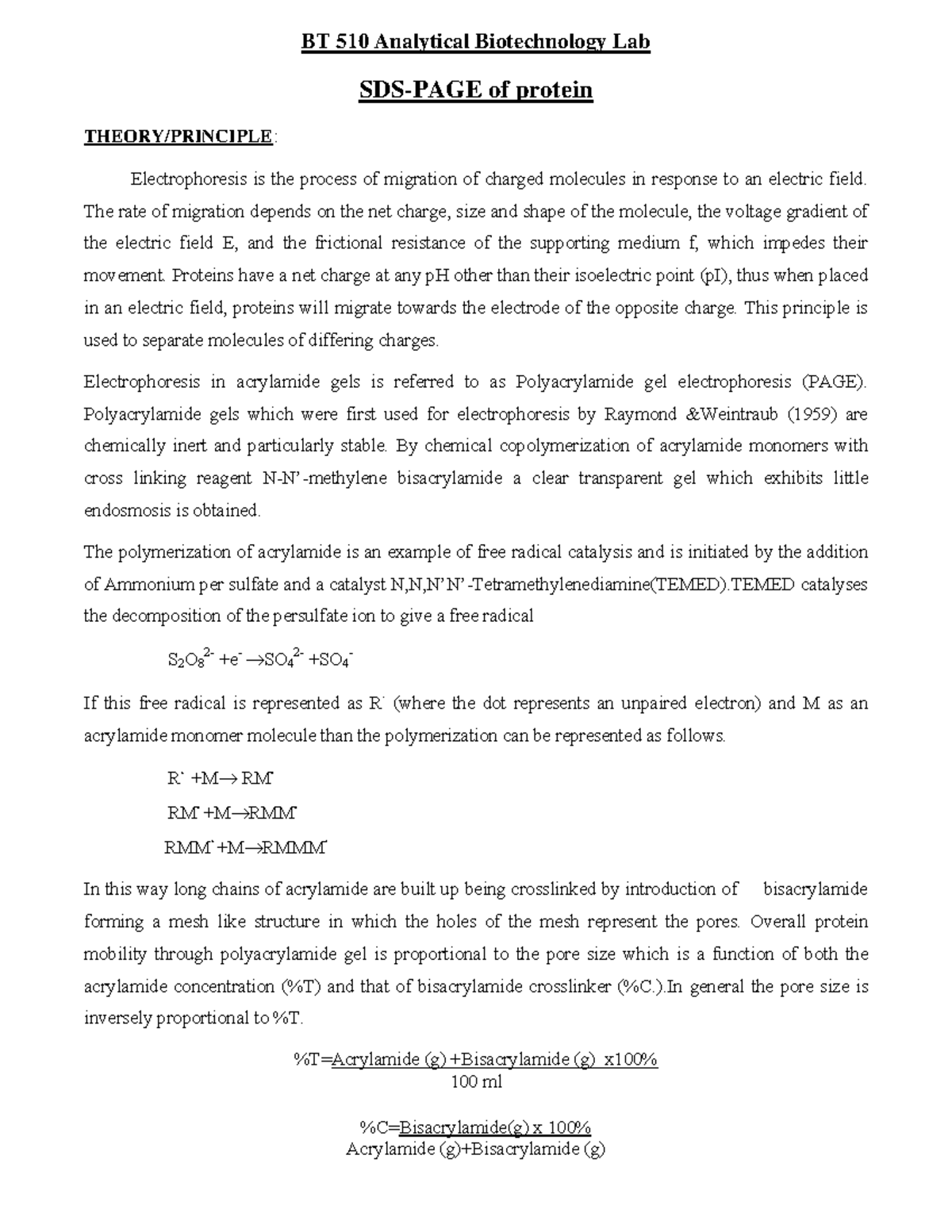 SDS PAGE - BT 510 Analytical Biotechnology Lab SDS-PAGE of protein ...