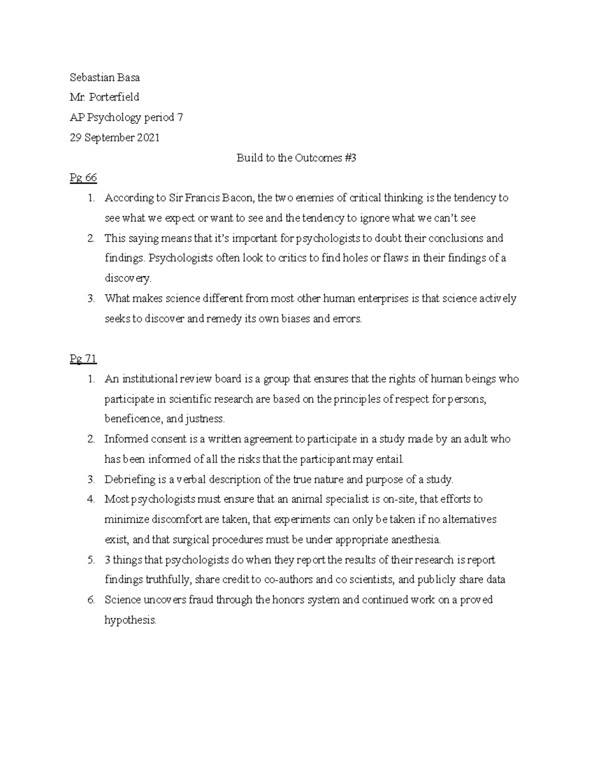 Ap Psychology Ch 2 Build to the Outcomes #3 - Sebastian Basa Mr ...