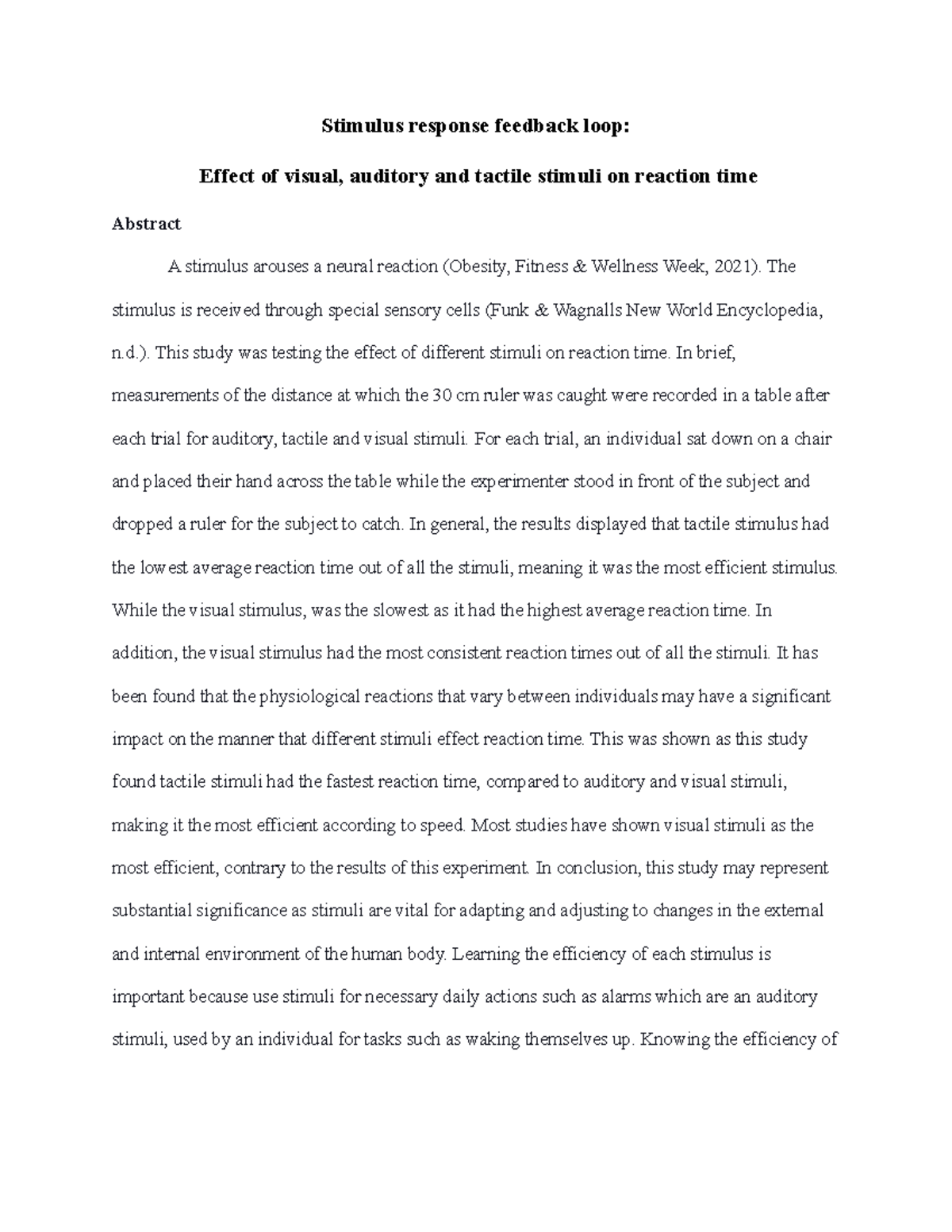 Stimulus lab for Grade 12 - Stimulus response feedback loop: Effect of visual, auditory and ...