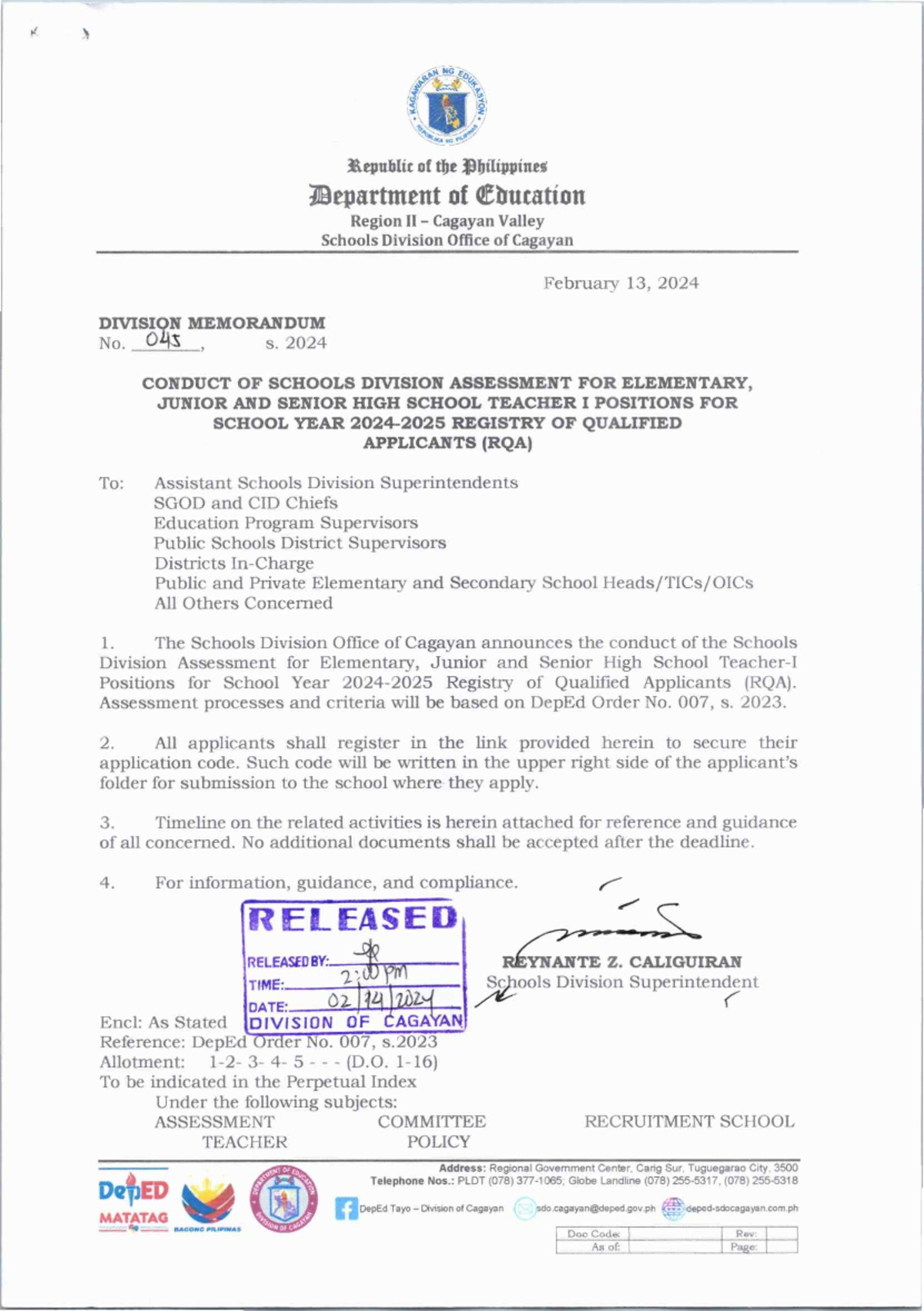 CAG - DVM NO. 045 S. 2024 Conduct OF Schools Division Assessment FOR ...