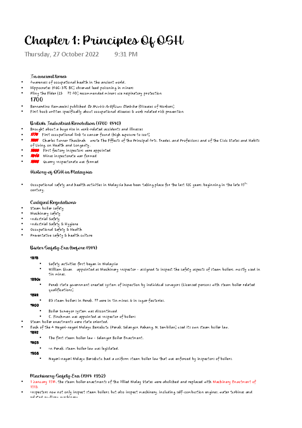 Piosh notes chapter 1 - Introduction of OSH - In ancient times ...