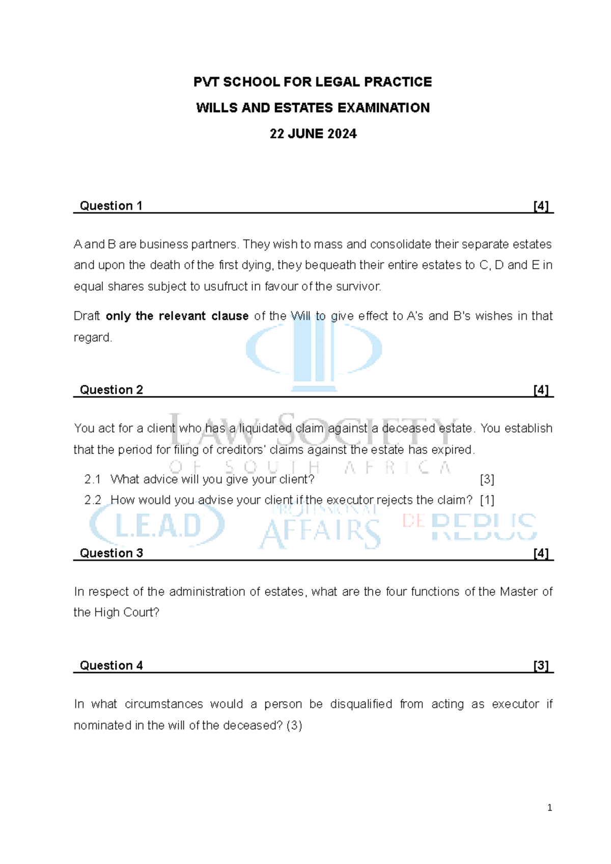 WET MAIN EXAM JUNE 2024 - PLT - PVT SCHOOL FOR LEGAL PRACTICE WILLS AND ...