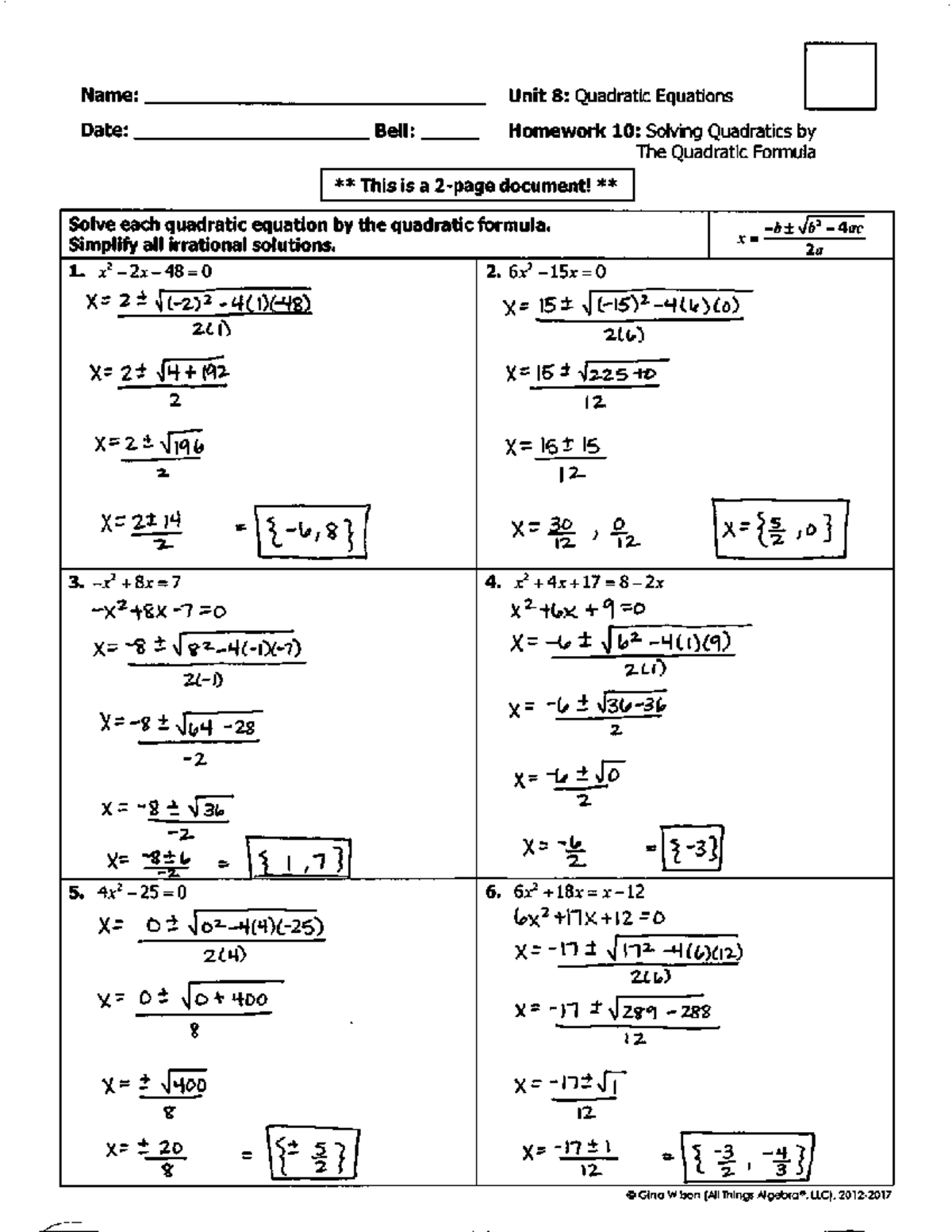 9.6 Quadratic Formula 2 KEY - Math260 - Studocu