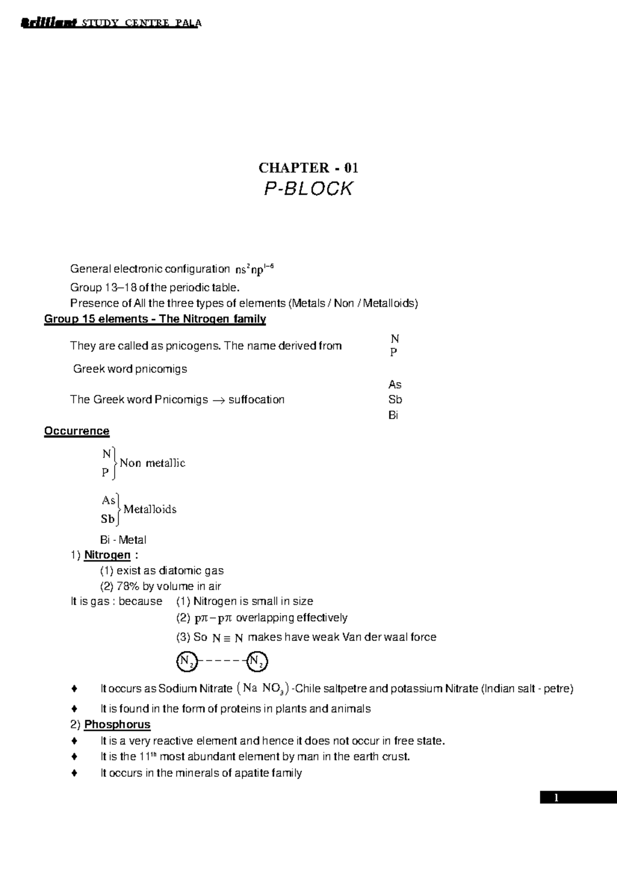 P block elements lecture notes 2 - CHAPTER - 01 P-B LOCK ####### - Studocu
