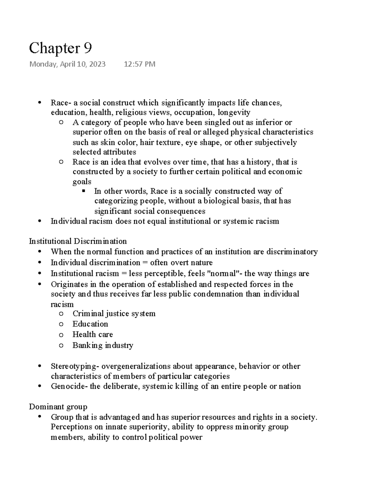 Soci- Chapter 9 - Race- a social construct which significantly impacts ...