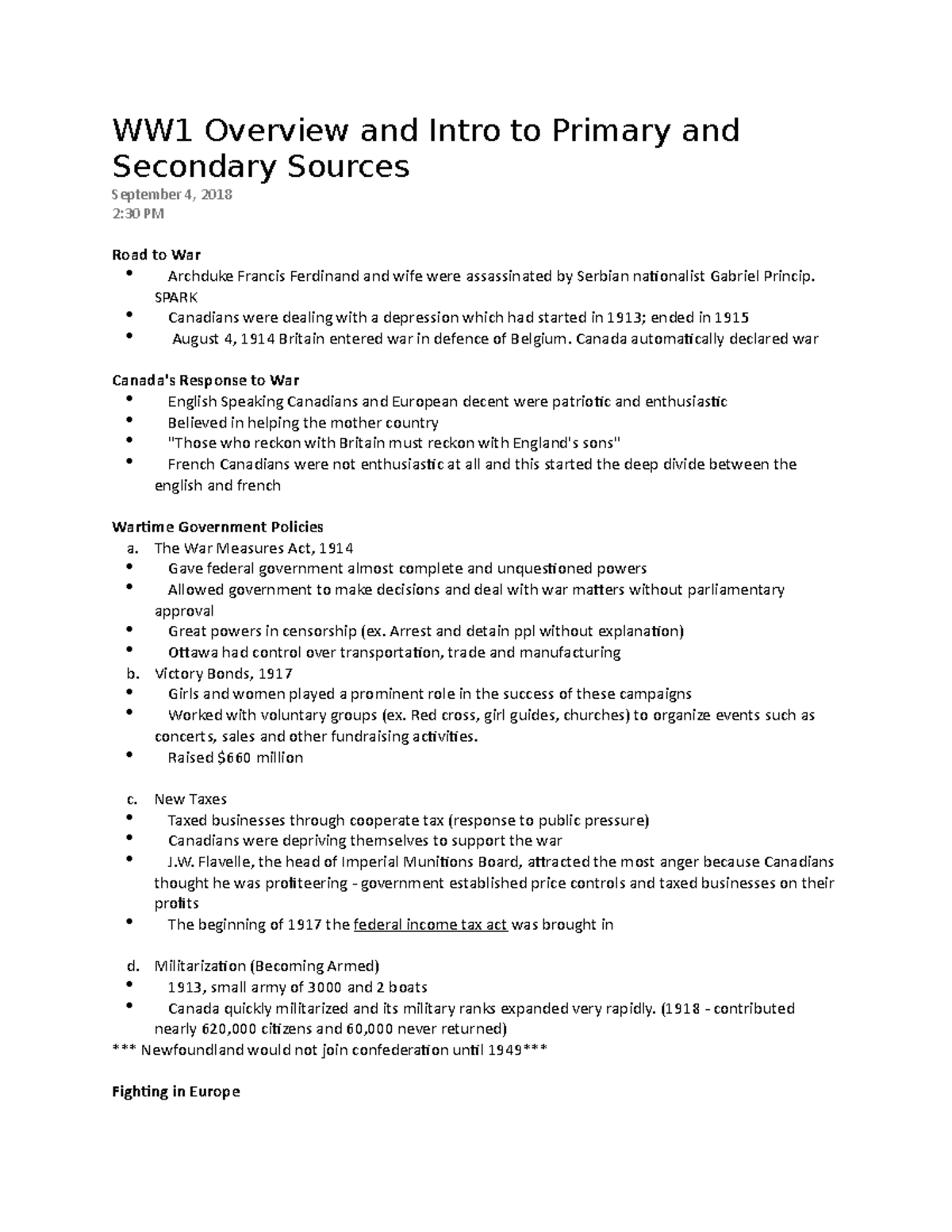 LSO215 - Lecture notes Lecture 1-10 - WW1 Overview and Intro to Primary ...