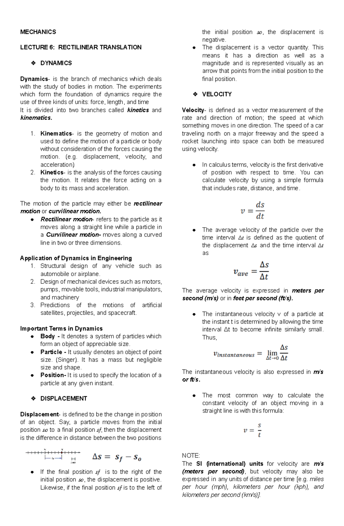 Terms- Mechanics - MECHANICS LECTURE 6: RECTILINEAR TRANSLATION ...