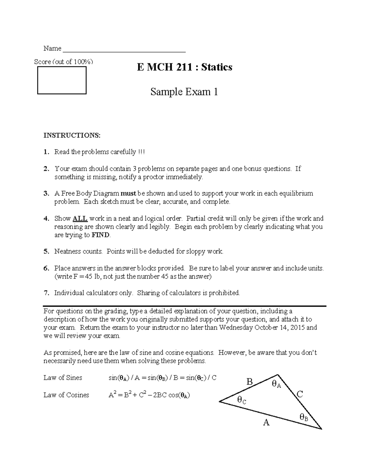 EMCH 211 Sample Exam 1 - Name __________________________________ E MCH ...