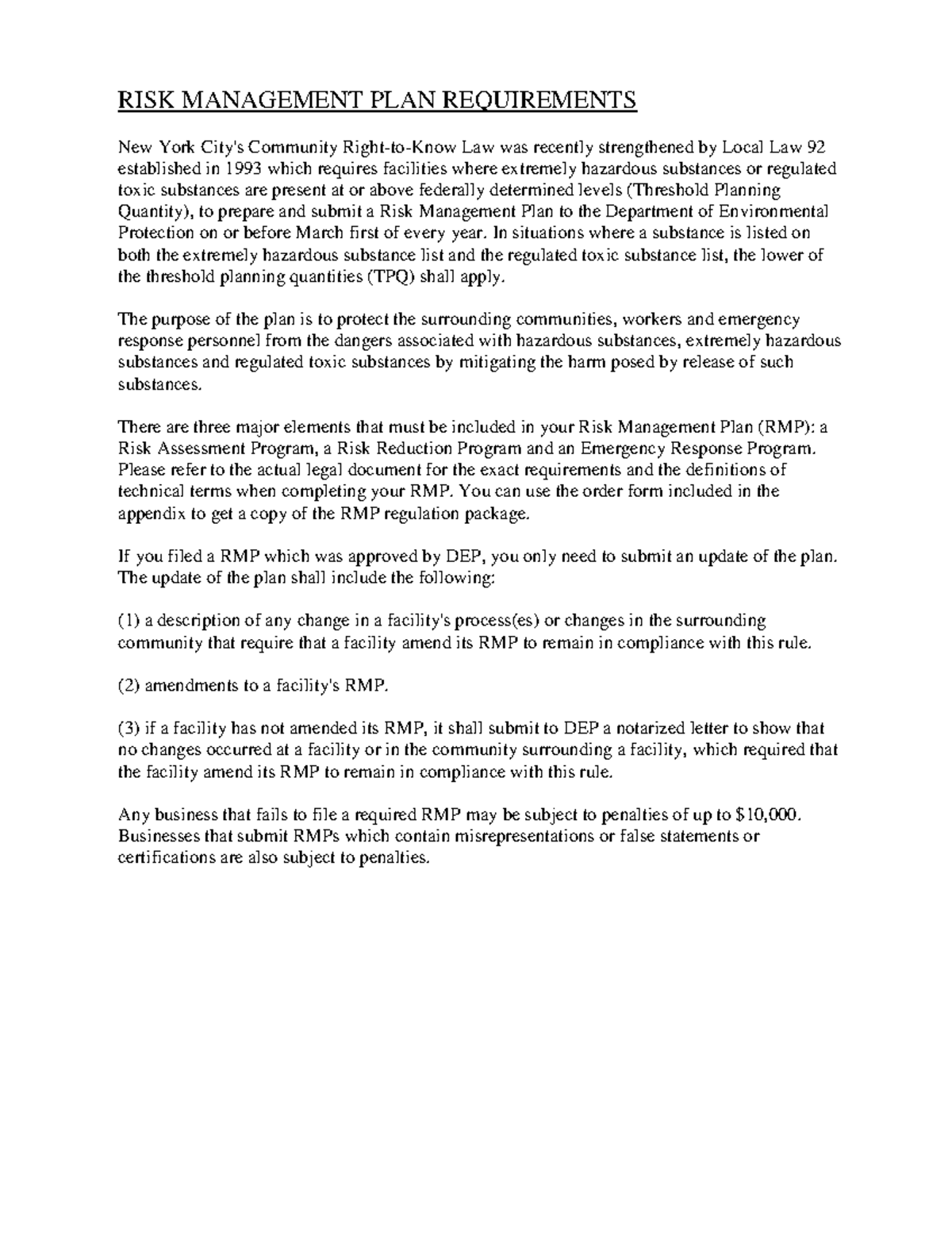 Risk management plan requirements - RISK MANAGEMENT PLAN REQUIREMENTS ...