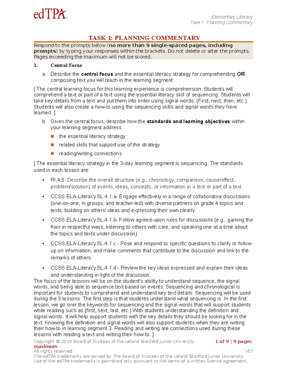 Task 1 Part E Planning Commentary - Task 1: Planning Commentary TASK 1 ...