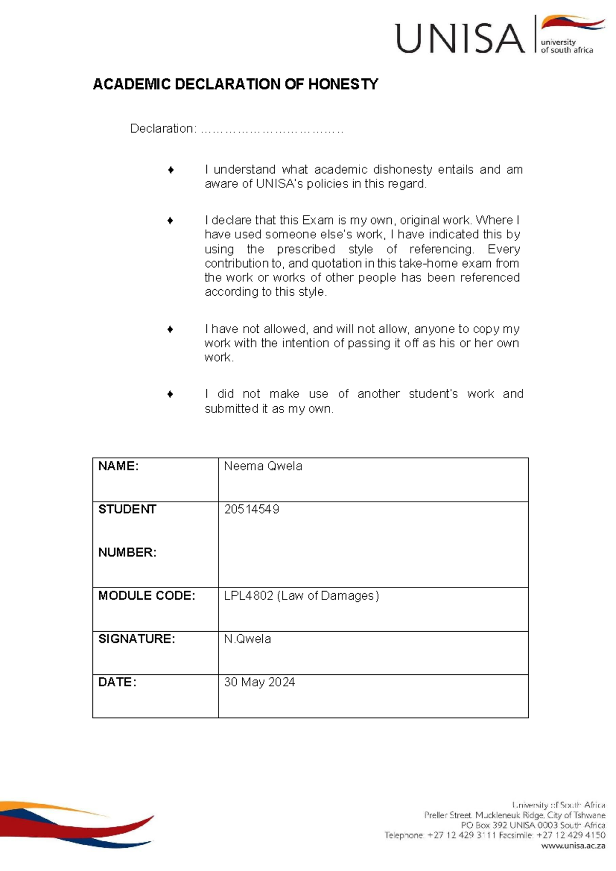 LPL4802 EXAM - Law of Damages essay - ACADEMIC DECLARATION OF HONESTY ...