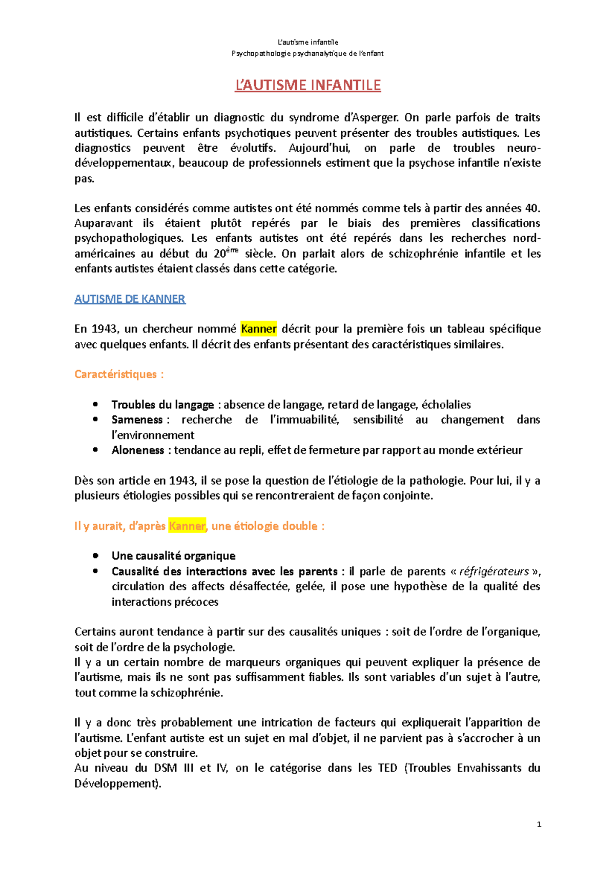 L'autisme infantile - Notes de cours 2 - Psychopathologie ...