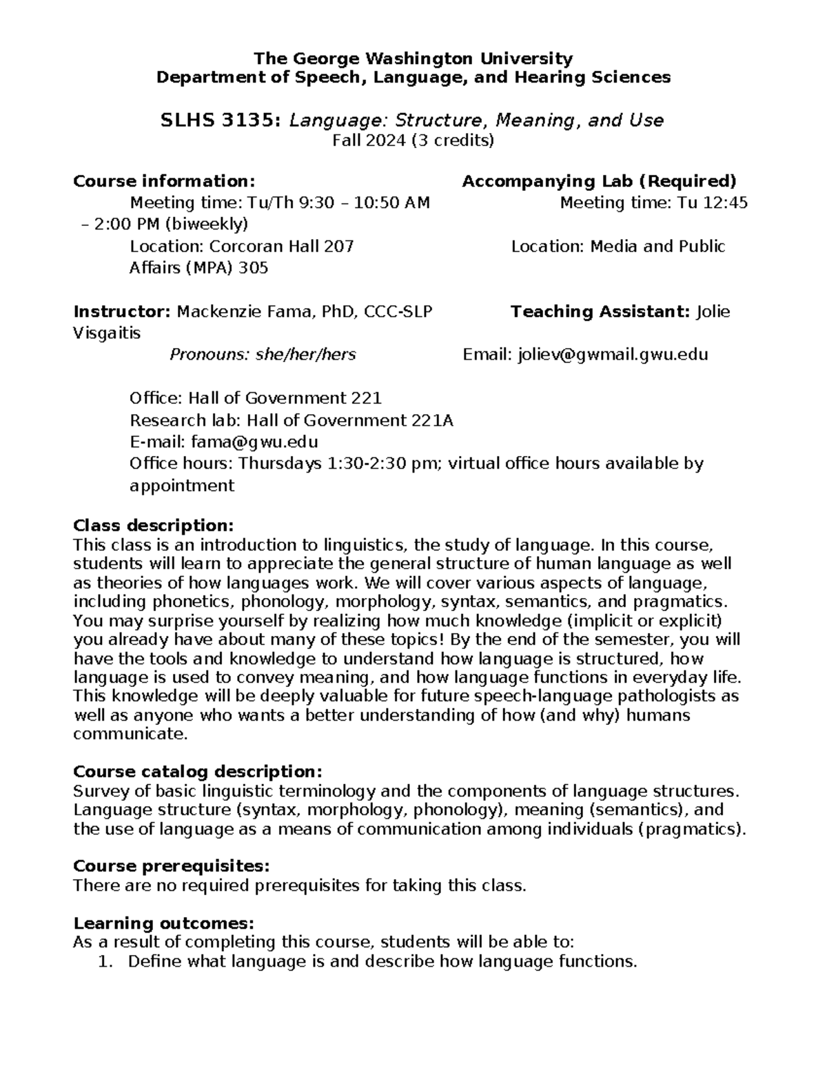 SLHS 3135 Syllabus Fall 2024 - The George Washington University ...