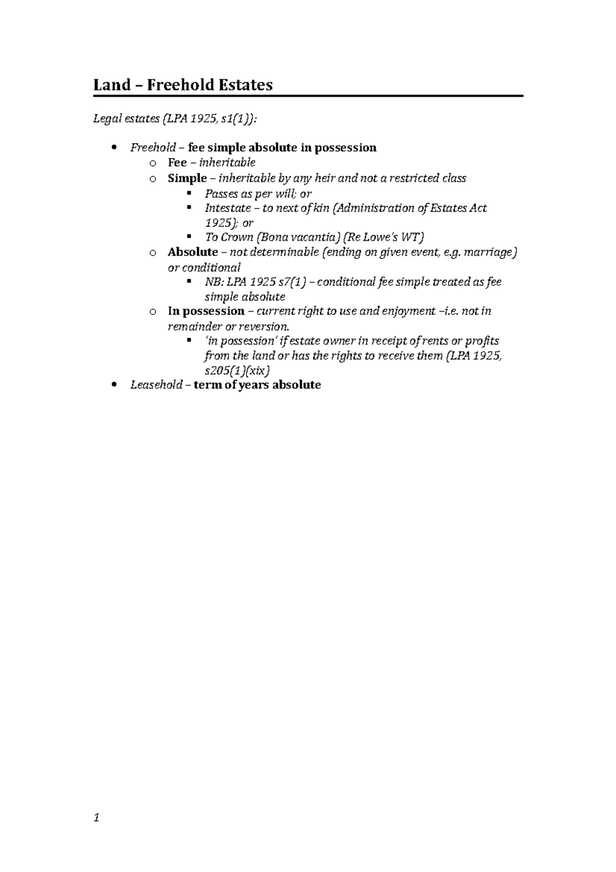 03 Freehold Estates - Land Law - Land – Freehold Estates Legal estates ...