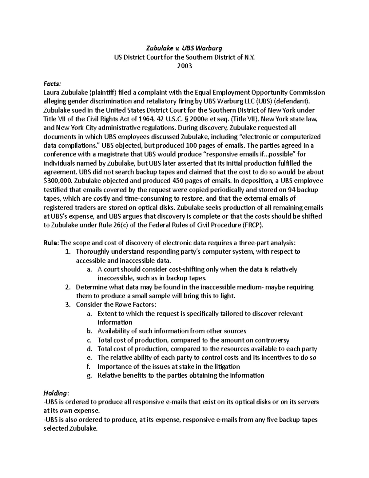Zubulake v UBS - as found in book - Zubulake v. UBS Warburg US District ...