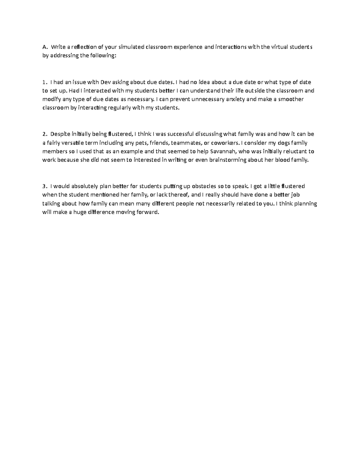 095 task 3 - passed - A. Write a reflection of your simulated classroom experience and ...