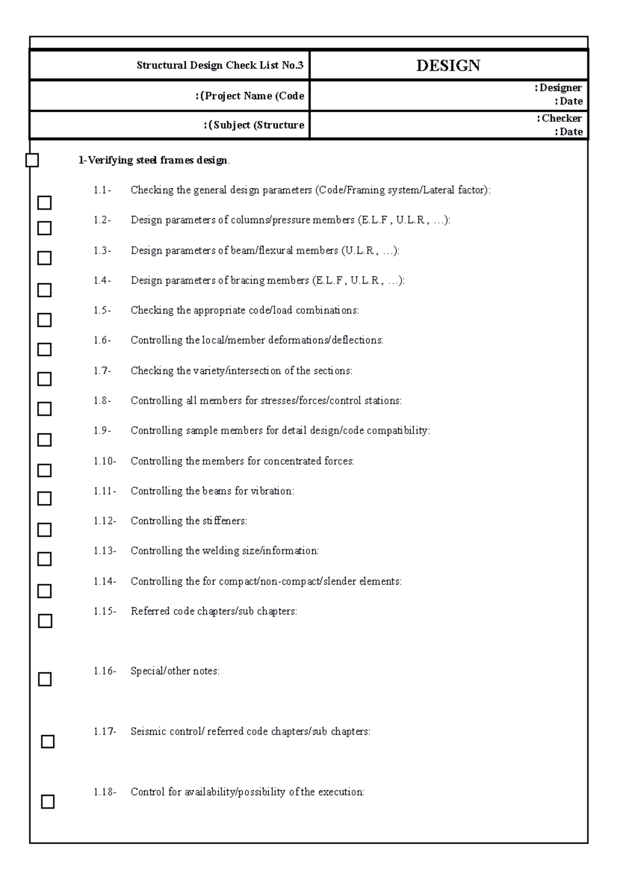 Check list 3-Design - : Designer :(Project Name (Code : Date : Checker ...