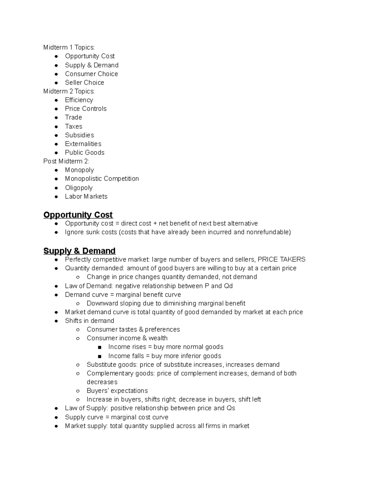 E Final Review - Midterm 1 Topics: Opportunity Cost Supply & Demand ...