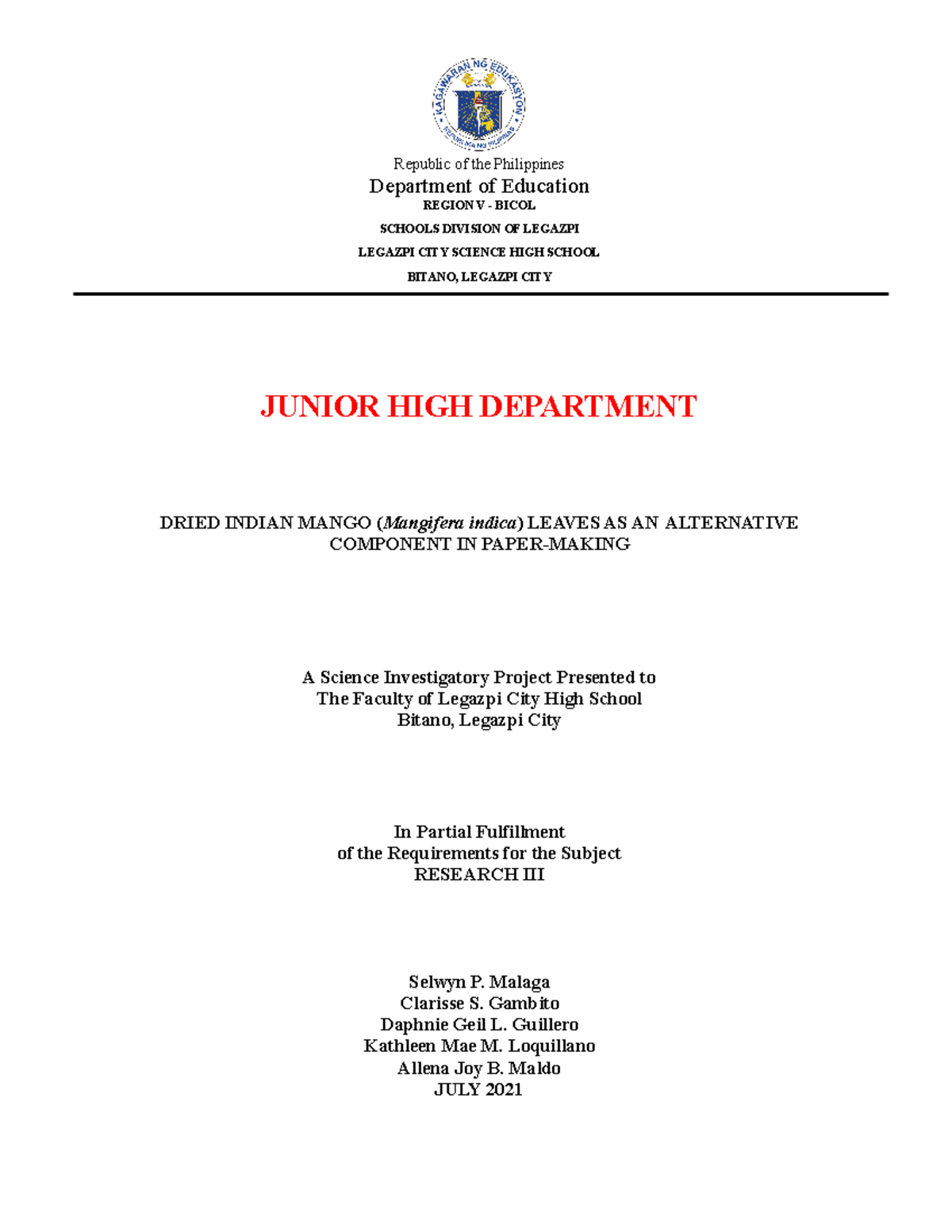 Mendeleev Group 3 Imrad Research paper - Republic of the Philippines ...
