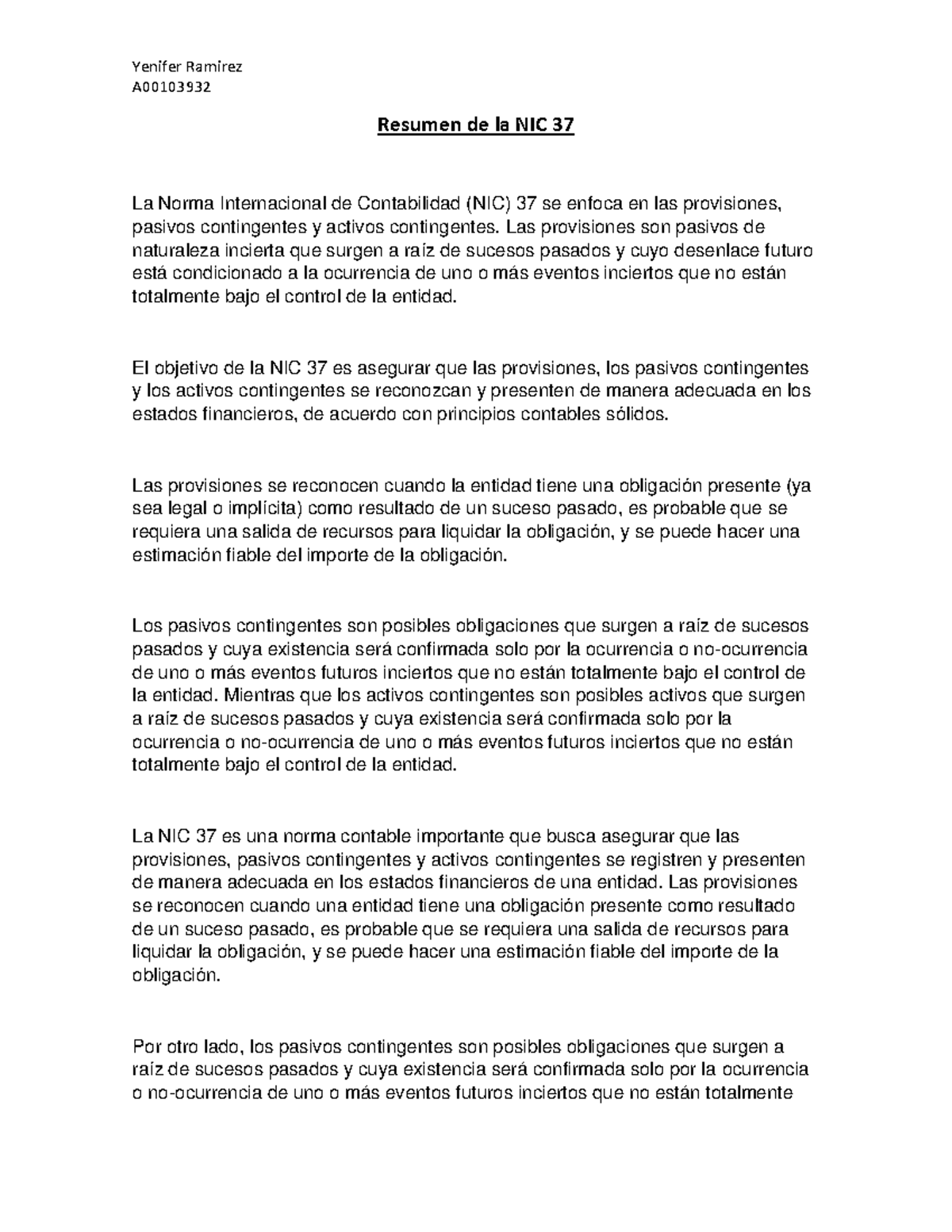 Resumen de la NIC 37 - Yenifer Ramirez A Resumen de la NIC 37 La Norma ...