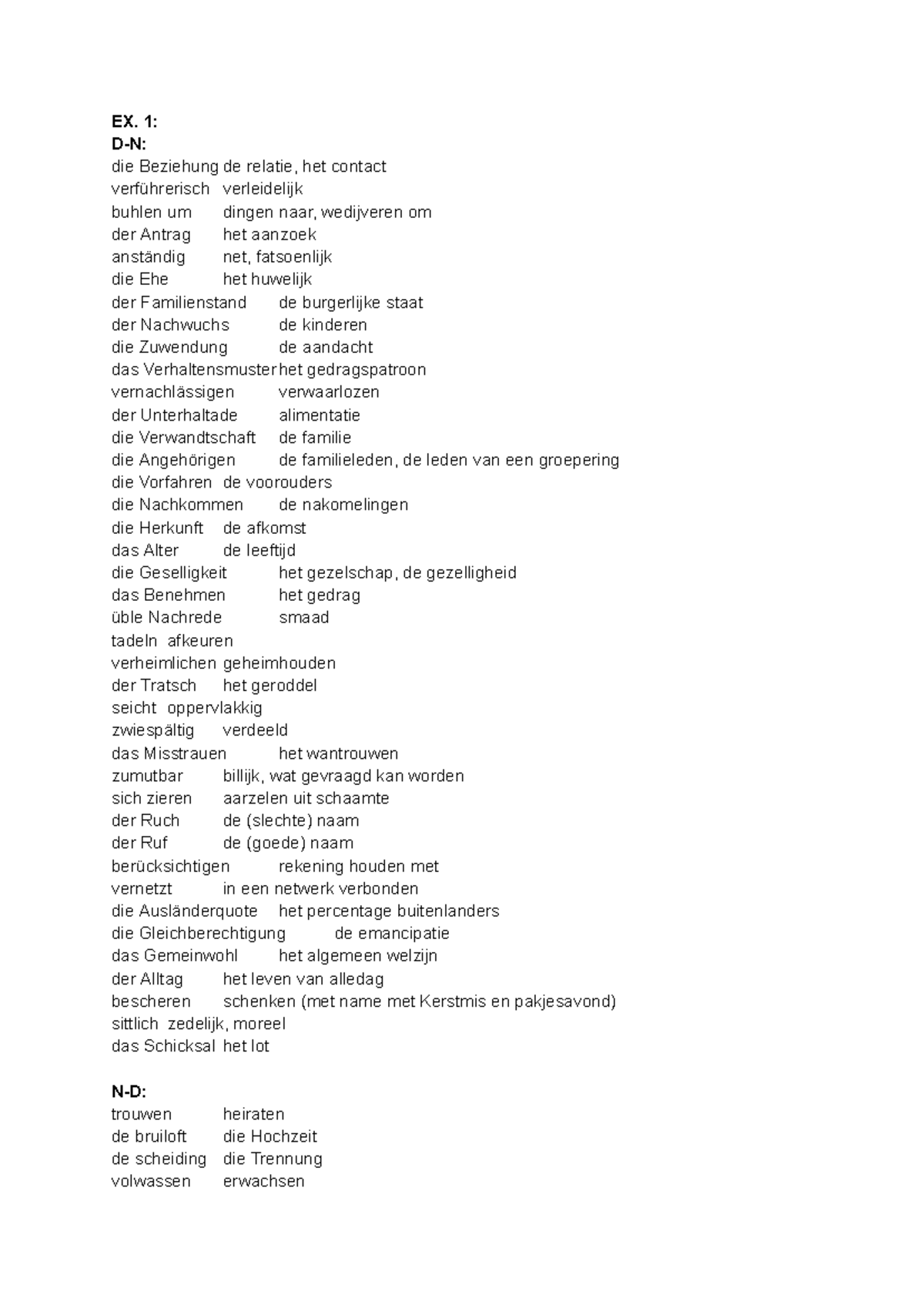 DU examen idioom vocabulaire - EX. 1: D-N: die Beziehung de relatie ...