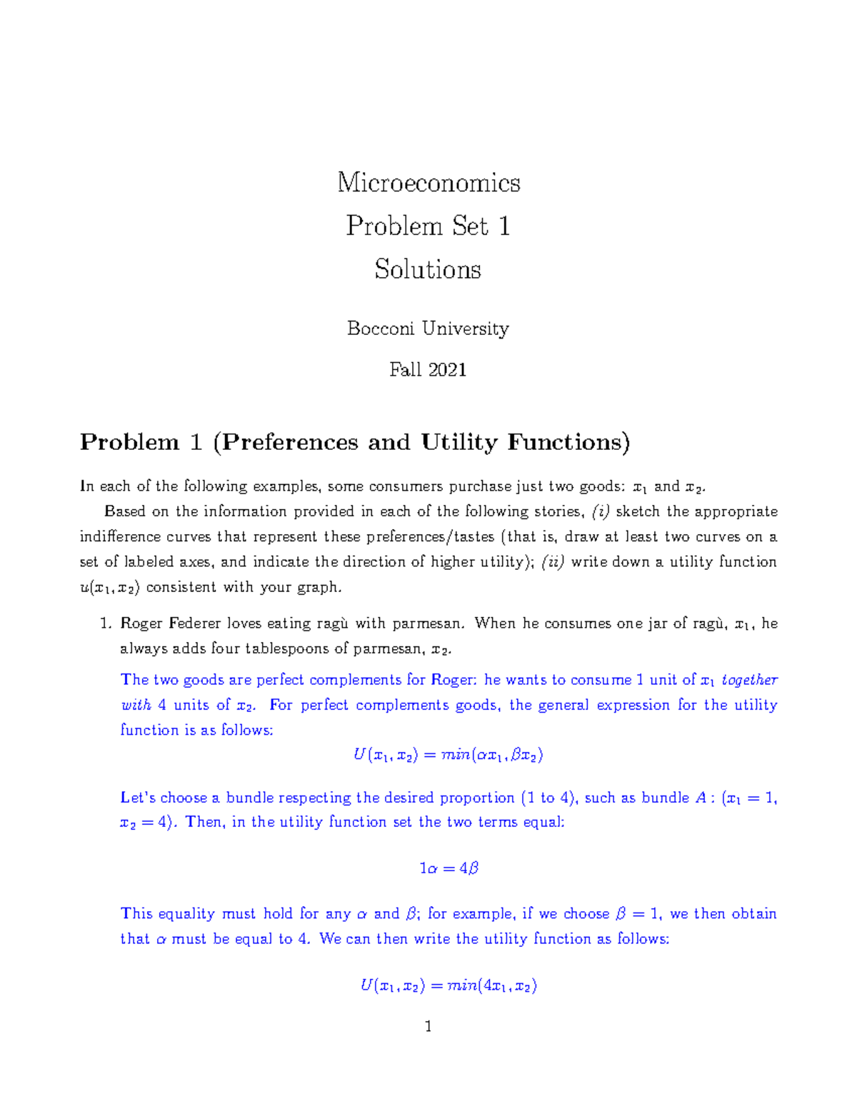 Microeconimics PROBLEM SET 1 - Microeconomics Problem Set 1 Solutions Bocconi University Fall ...