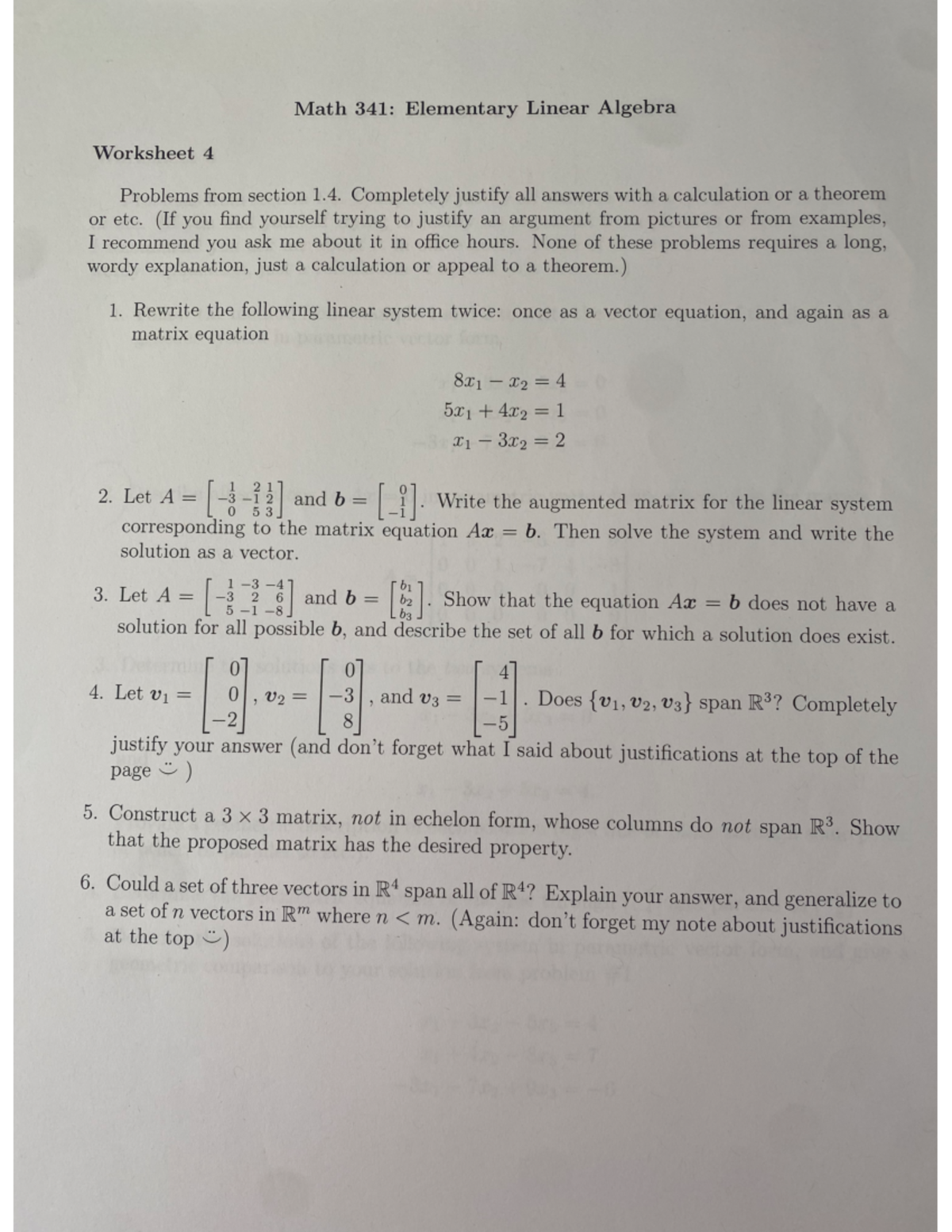 Linear Algebra Ch 1 Worksheet 4 - MATH 341 - Studocu