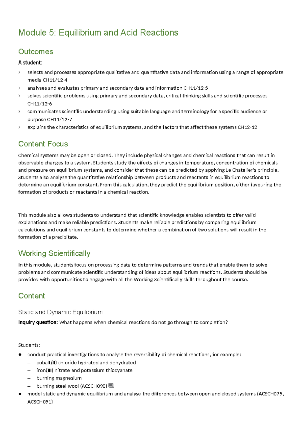 Syllabus Summary Module 5 - Module 5: Equilibrium and Acid Reactions ...