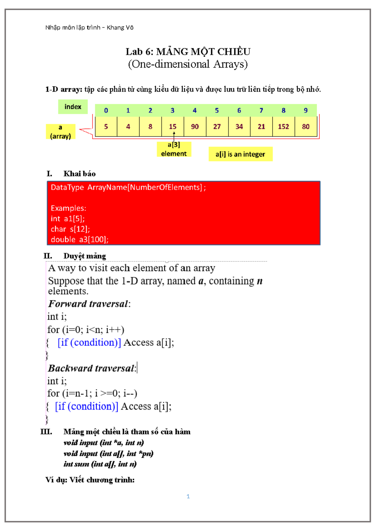 10 11 One Dimensional Arrays Lab 6 MẢng MỘt ChiỀu One Dimensional Arrays 1 D Array Tập Các