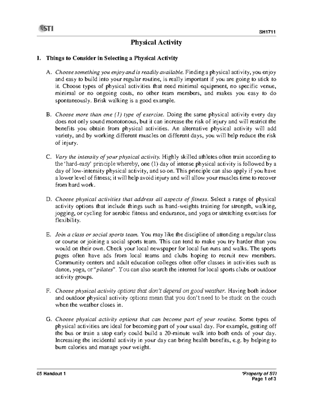 05 Physical Activity - HANDOUTS - 05 Handout 1 *Property of STI ...